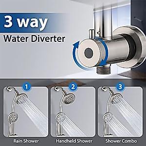 UCLIMAA Rainfall Shower Head with Handheld Shower Spray, with 26" Drill Free Adjustable Height Slider Bar, High Pressure Dual Shower Head Combo, 3-Way Diverter for Easy Reach, 5Ft Hose-Brushed Nickel