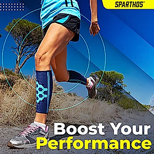 Sparthos Calf Compression Sleeves (Pair) – Leg Compression Socks for Men and Women – Shin Splint Calf Pain Relief Medical Leg Pain and Cramps Recovery Varicose Veins (Blue-M)