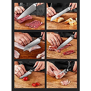 Knipan Knife Set with Block, Damascus Steel Kitchen Knives 7 Piece, Ultra Sharp AUS-10 Japanese Steel Knife Block Sets with Full Tang Handle, Black