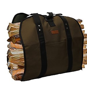 KIM YUAN Free Standing Firewood Log Carrier Tote Outdoor Bag with Double Straps for Camping, BBQ Barbecue or Fireplace(Gloves Included)