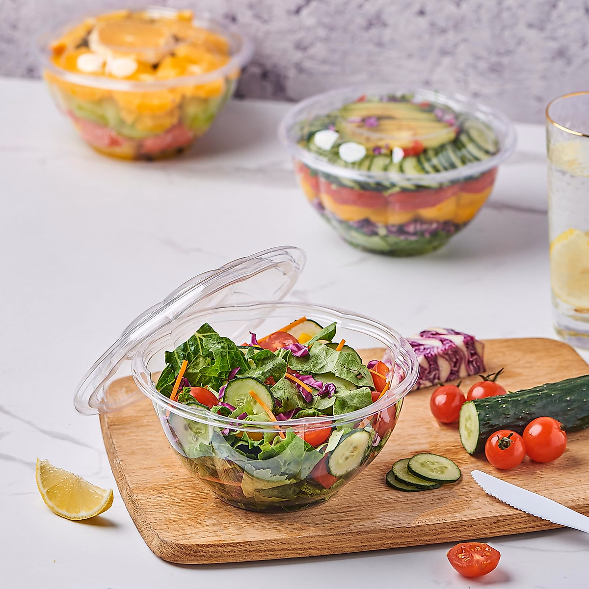 FULING [32 oz. 50 Sets Clear Plastic Salad Bowls with Airtight Lids Disposable To Go Mixing Containers Serving for Fruit, Quinoa, Lunch and Meal Prep