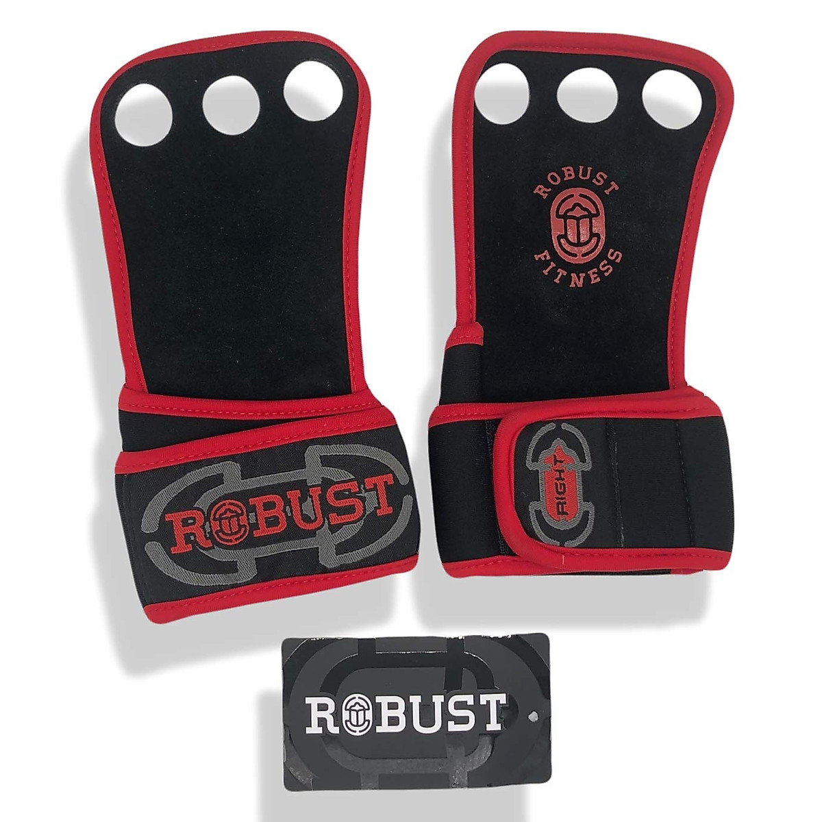 ROBUST FITNESS Genuine Leather Hand Grips for Gymnastics & Cross-Training, Pull-ups, Weightlifting, WODs with Neoprene Wrist warps. Palm Shield from Rips & Blisters. (Red, Medium)