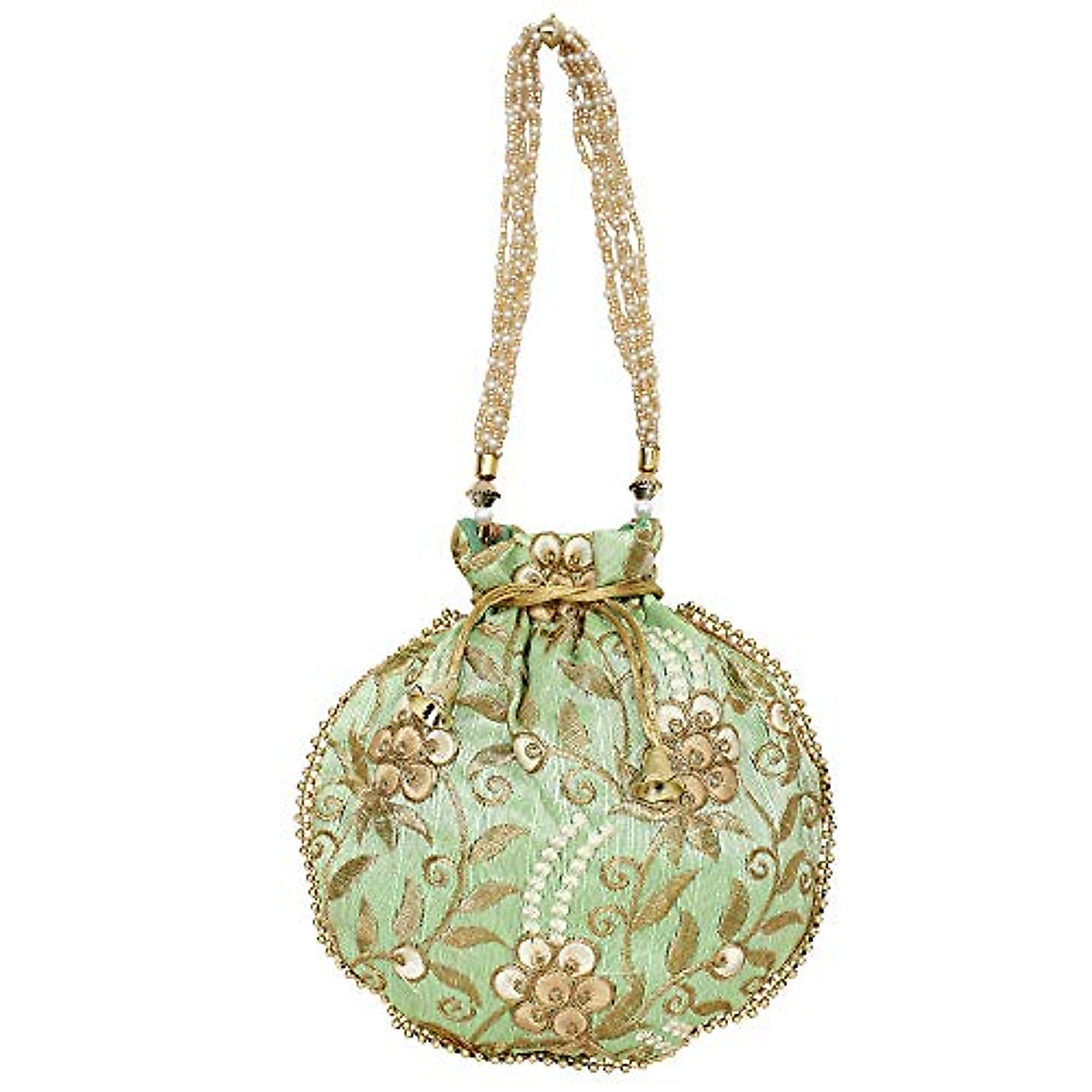 Indian Ethnic Potli bag Ladies Handbag Embroidered Floral Bag for Bridal Batwa Wedding (Light Green)