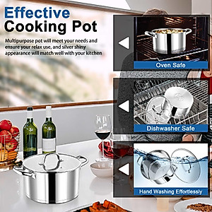 P&P CHEF 4qt Stainless Steel Stock Pot with Lid, Cooking Pasta Pot with Tri-Ply Base for Induction Gas Electric Stoves, Double Riveted Handles, Sturdy & Dishwasher Safe
