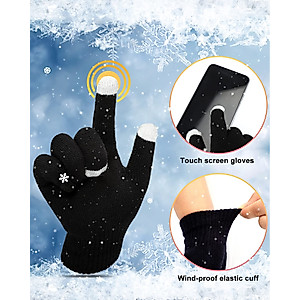 2 Pieces Satin Lined Winter Hats Women Pom Beanies Winter Knitted Pom Hat Touchscreen Gloves Set for Women Girls