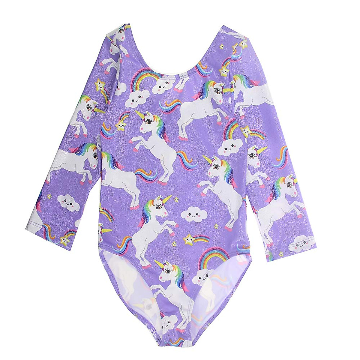 TENVDA Girls Gymnastics Leotards Size 4t 5t Sparkly Purple Unicorn Printed Long Sleeve Tumbling Outfit Winter Bodysuit