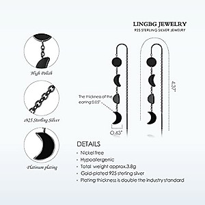 Moon Phase Earrings 925 Sterling Silver Black Threader Earrings for Women Chain Earrings Threader Dangle Drop Earrings Lightweight Earrings Jewelry Gift