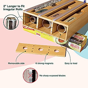 Neat Diva 12" Bamboo Foil Plastic Wrap Organizer Cutter, Plastic Wrap Dispenser Cutter, Tin Foil Organizer Drawer, Bamboo Aluminum Foil Dispenser Cutter, Kitchen Organizer Foil Plastic Wrap (3-in-1)