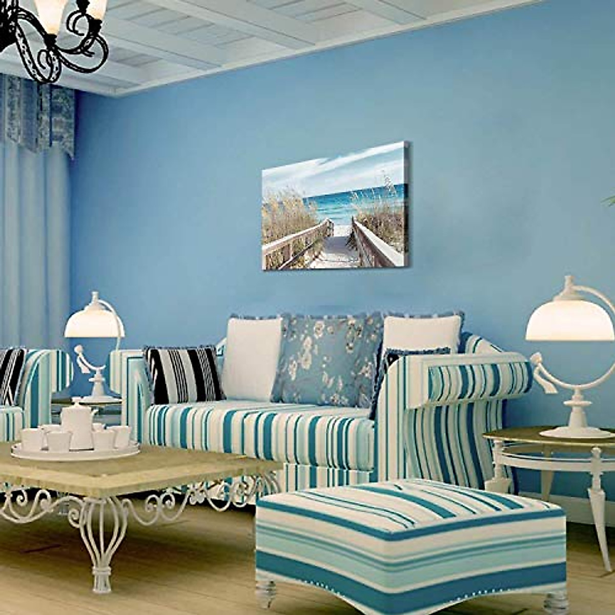 TAR TAR STUDIO Beach Artwork Seascape Wall Art: Seaside Painting Fence Pathway Picture Print on Wrapped Canvas for Living Room (36''W x 24''H, Multiple Sizes)