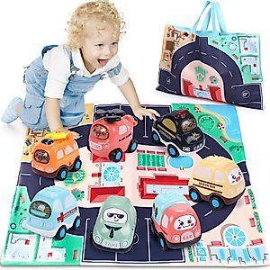 Winrayk Baby Toy Cars for 1 Year Old Boy Girl 7Pcs Friction Powered Push and Go Vehicles Cars with Play Mat/Storage Bag Early Educational Toys Toddlers Christmas Birthday Gift for Kids 1 2 3 Years Old