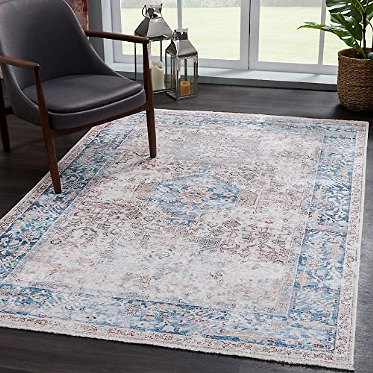 Bloom Rugs Caria Washable Non-Slip 3x5 Rug - Beige/Ocean Blue Traditional Area Rug for Living Room, Bedroom, Dining Room, and Kitchen - Exact Size: 3' x 5'
