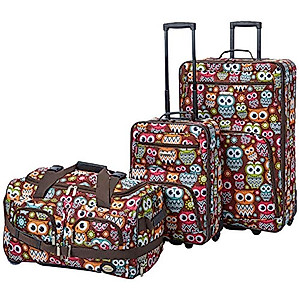 Rockland Vara Softside 3-Piece Upright Luggage Set,Expandable, Owl, 20 inch,22 inch,28 inch