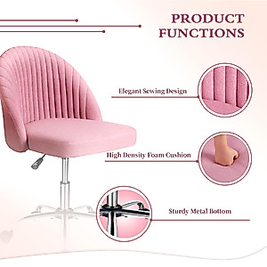 JUMMICO Home Office Desk Chair Vanity Chair Twill Upholstered Adjustable Mid-Back Armless Swivel Task Chair Modern Fabric Office Chairs with Wheels for Bedroom, Living Room, Make-up (Pink)