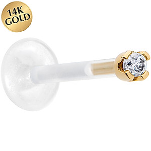 Body Candy 14k Yellow Gold 1.5mm CZ Bioplast Push in Labret Monroe 16 Gauge 3/8"