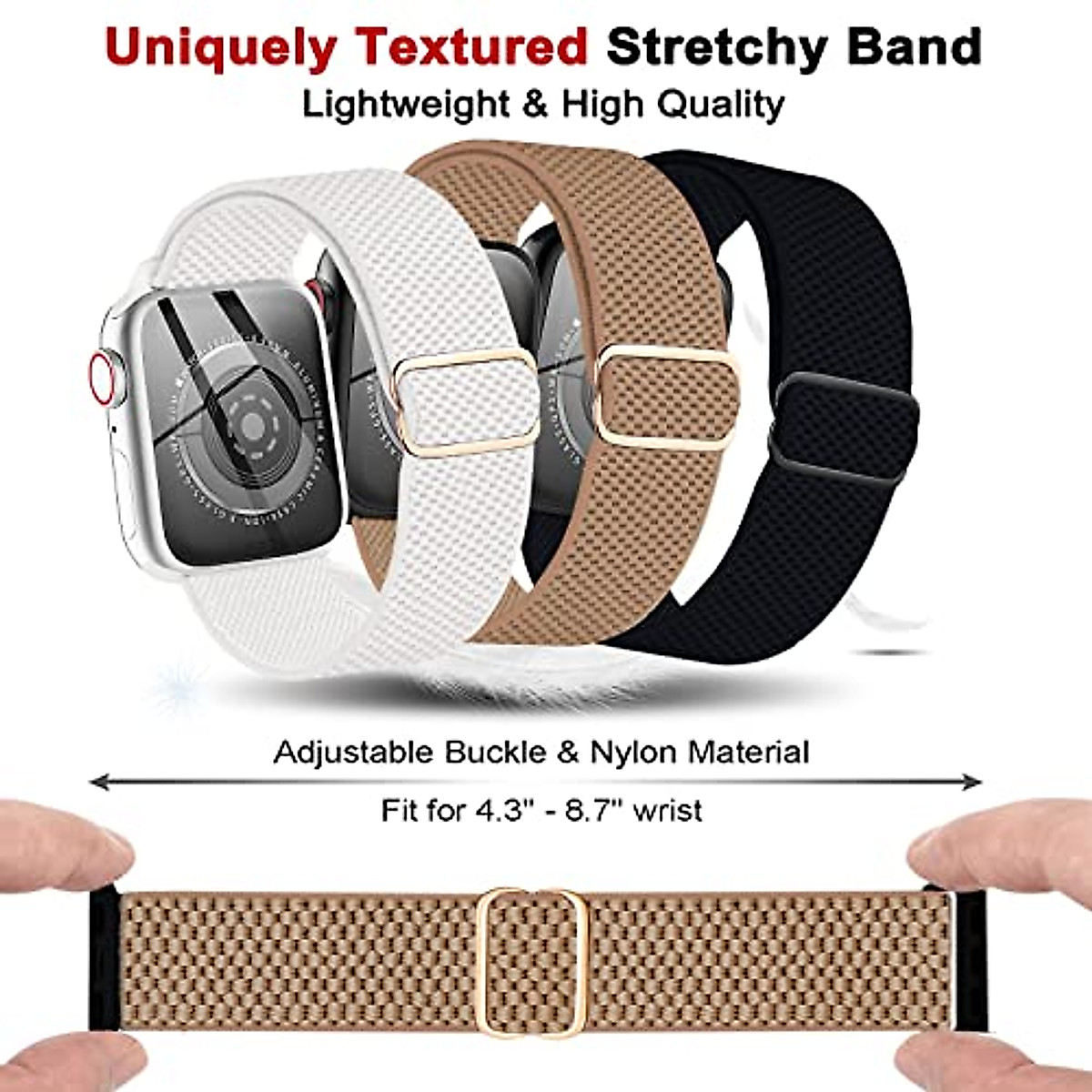 3 Pack Stretchy Nylon Band Compatible with Apple Watch Band 38mm 40mm 41mm for Women Men, Adjustable Sport Solo Loop Elastic Strap for iWatch Series 7/6/5/4/3/2/1/SE, Black/White/Brown