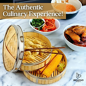 Beyond Gadgets Bamboo Steamer with Steel Reinforcement - 12-Inch 2-Tier Durable & Eco-Friendly Steamer for Healthy Cooking