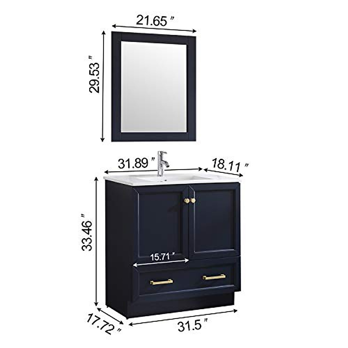 walsport Bathroom Vanity with Sink 32" Navy Cabinet White Undermount Ceramic Vessel Sink Vanities Set Chorme Faucet Drain with Mirror