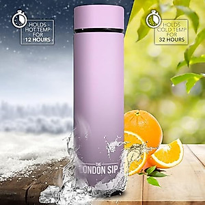 London Sip Multi-Purpose Travel Mug and Tumbler Fruit Infused Flask Hot and Cold Double Wall Stainless Steel Thermos with Extra-Long Infuser, Gentle Lilac, Pack of 2