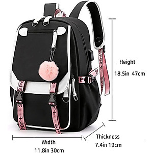 RUILIHIAO Teenage USB Port Backpack Plush Ball Pendant School bag Outdoor Travel Daypack Bookbag