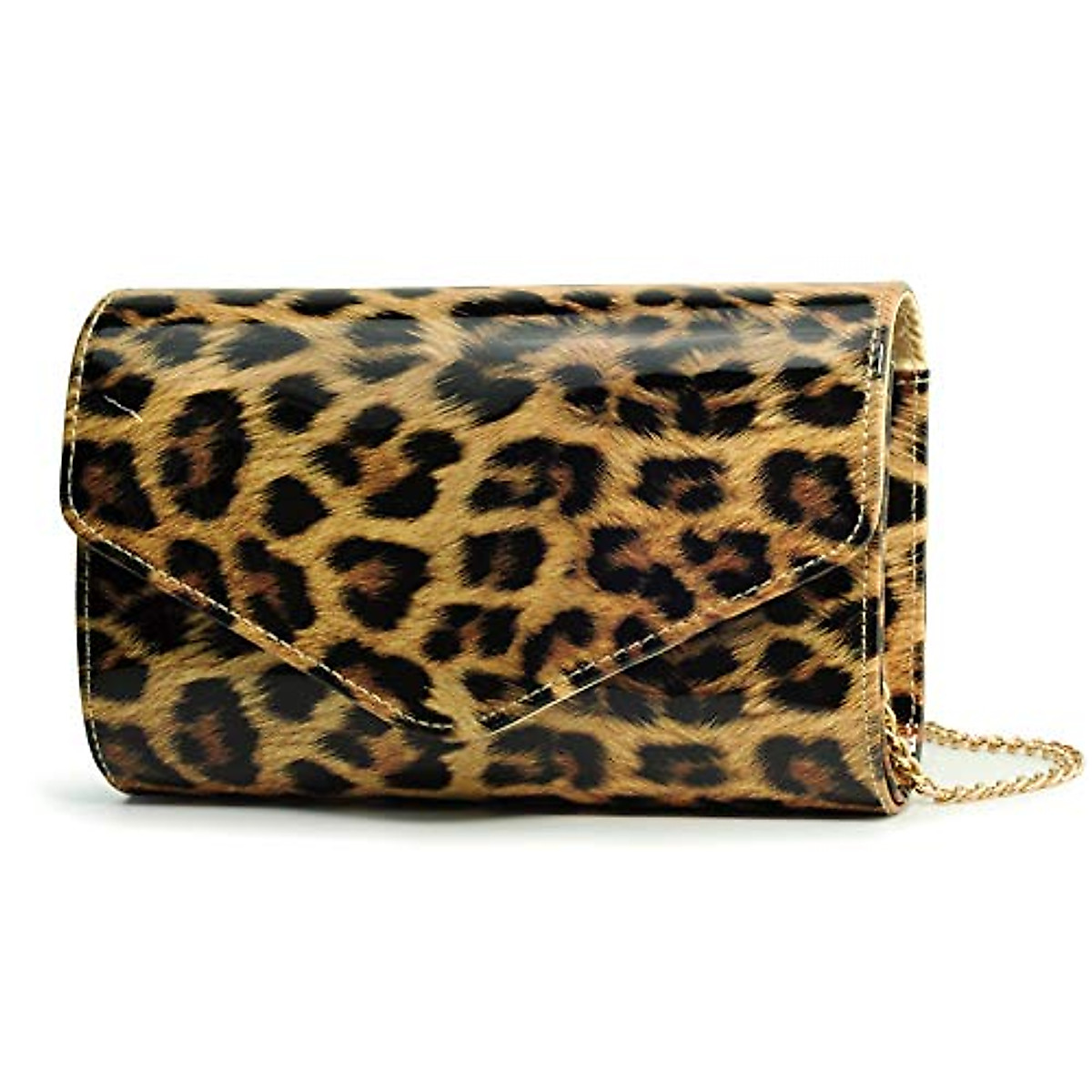 HOXIS Leopard Evening Handbag Women Envelope Clutch Patent Leather Glossy Purse with Shoulder Chain Strap (Brown Leopard)