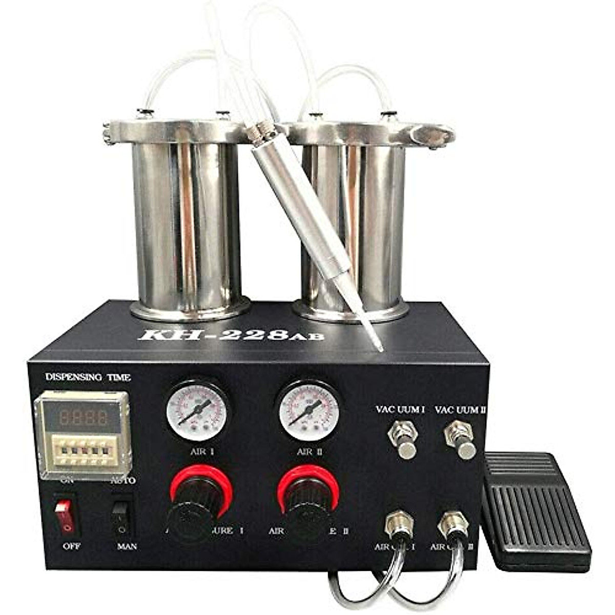 AB Adhesive Vuccum Glue Dispenser Machine AC 110V Semi-auto Digital Glue Dispenser with 2X500ml Stainless Steel Tanks and Foot Pedal Control Mode,Paste Liquid Adhesive Controller Dropper Machine