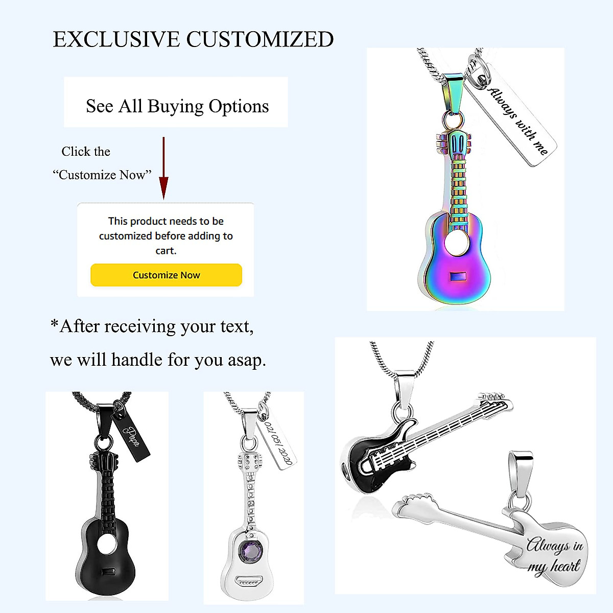 Yinplsmemory Cremation Jewelry for Ashes Guitar Urn Necklace for Ashes Customize Stainless Steel Memorial Pendant Keepsake Urn-Customize Available