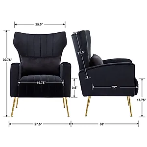 chairus Wingback Velvet Accent Chairs Set of 2, Modern Living Room Armchairs Comfy Upholstered Single Sofa Chair for Bedroom Dorms Reading Reception Room with Gold Legs & Small Pillow, Black