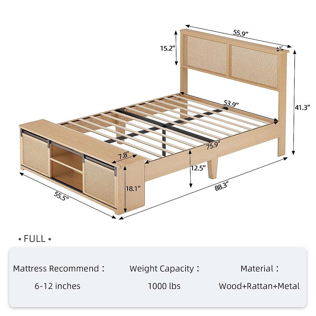 GarveeHome Natural Rattan Full Size Bed Frame with Sliding Barn Door Storage Cabinets and Headboard, Boho Farmhouse Wood Platform Bed with Solid Wood Legs Support, No Box Spring Needed
