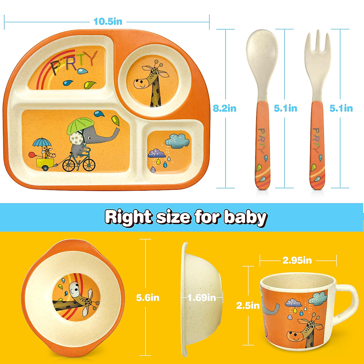 RayPard 5 Pcs Bamboo Kid Plates and Bowls Sets, Unbreakable Plastic Toddler Dinnerware Set Include Divided Plate, Bowl, Cup, Spoon, Fork, Children Durable Cartoon Tableware (Orange Elephant)
