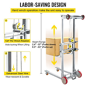 VEVOR 41.7" L x 25.8" W x 72.4" H Manual Winch Stacker, with 2.4" - 63" Height Range and 551 lbs Capacity, Adjustable Straddle Hand Winch Lift Truck, Material Lifts for Warehouse and Factory