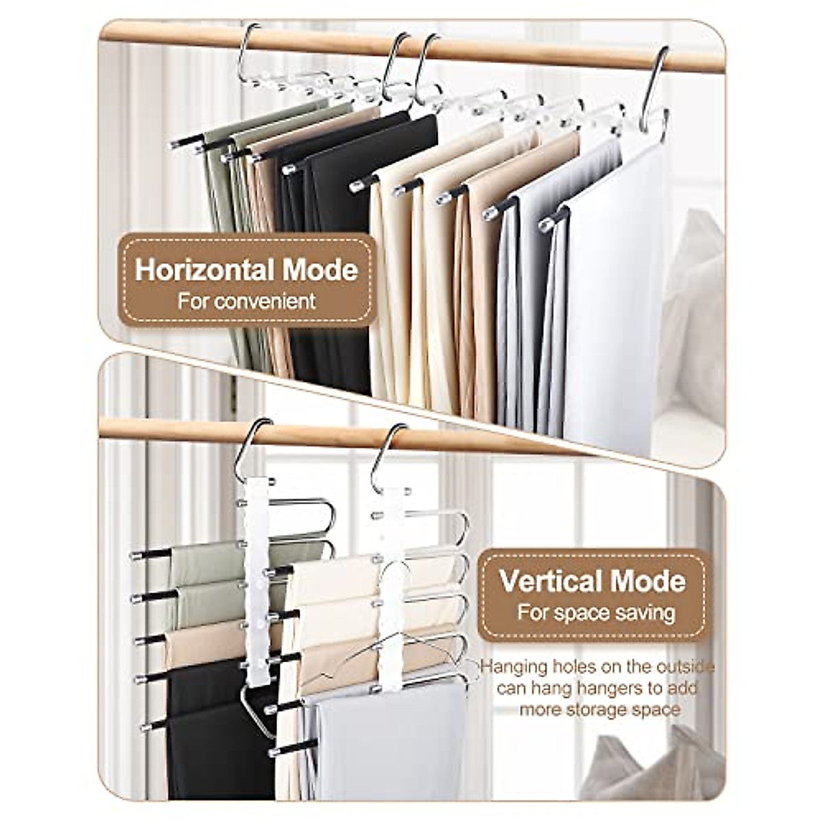 DEMKICO Pants Hangers Space Saving, 2 Pack Anti-Slip Design Stainless Steel Multifunctional Clothes Pants Hangers, Closet Organizers and Storage for Pants Jeans Scarf Skirts Trousers