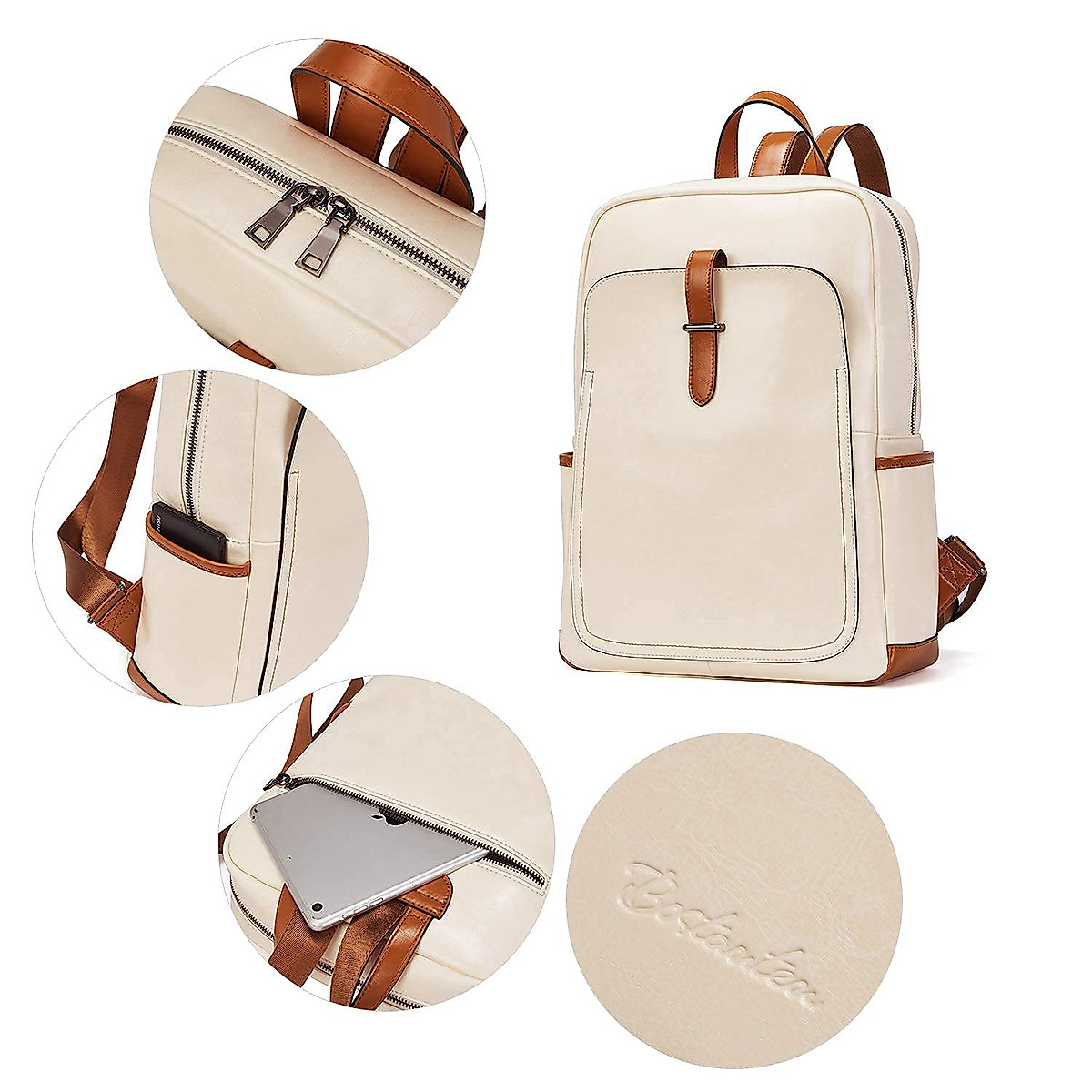 BOSTANTEN Leather Laptop Backpack Purse Casual College Casual Bags Daypack Beige-White and Leather Wallets for Women RFID Blocking Zipper Pocket Small Bifold Wallet Card Case White