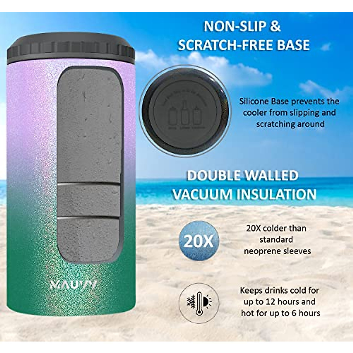 4 in 1 Insulated Slim Can Cooler with lid for 12 Oz Tall Skinny Can, Regular Can, Beer Bottle - Stainless Steel Double Walled Can Insulator Beer Coozy for Cans Koozie Coozies (Mermaid Dreams)