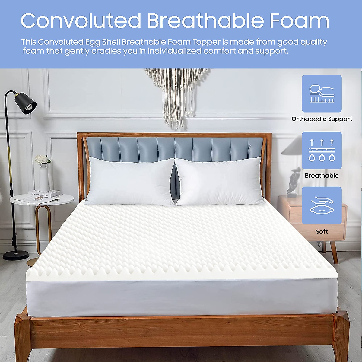 Greaton Breathable 2-inch Convoluted Egg Shell Foam Mattress Topper | Toppers for Mattresses Adds Ultimate Comfort, Reduces Back Pain, Perfect Body Support, Maintain Proper Posture, Queen, White