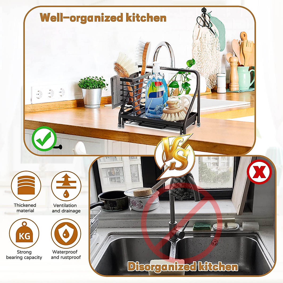 KMOTASUO Kitchen Sink Caddy Organizer, Sink Tidy Caddy Organizer Sponge Brush Soap Holder with Drain Pan, Kitchen Utensil Holders Cleaning Caddy for Countertop Stainless Steel Rustproof