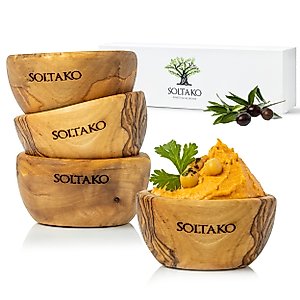SOLTAKO 4 mini dip bowls set of olive wood - tapas bowls set - small Mediterranean bowl for olives & BBQ sauces - dip bowl for - Ø 6 c