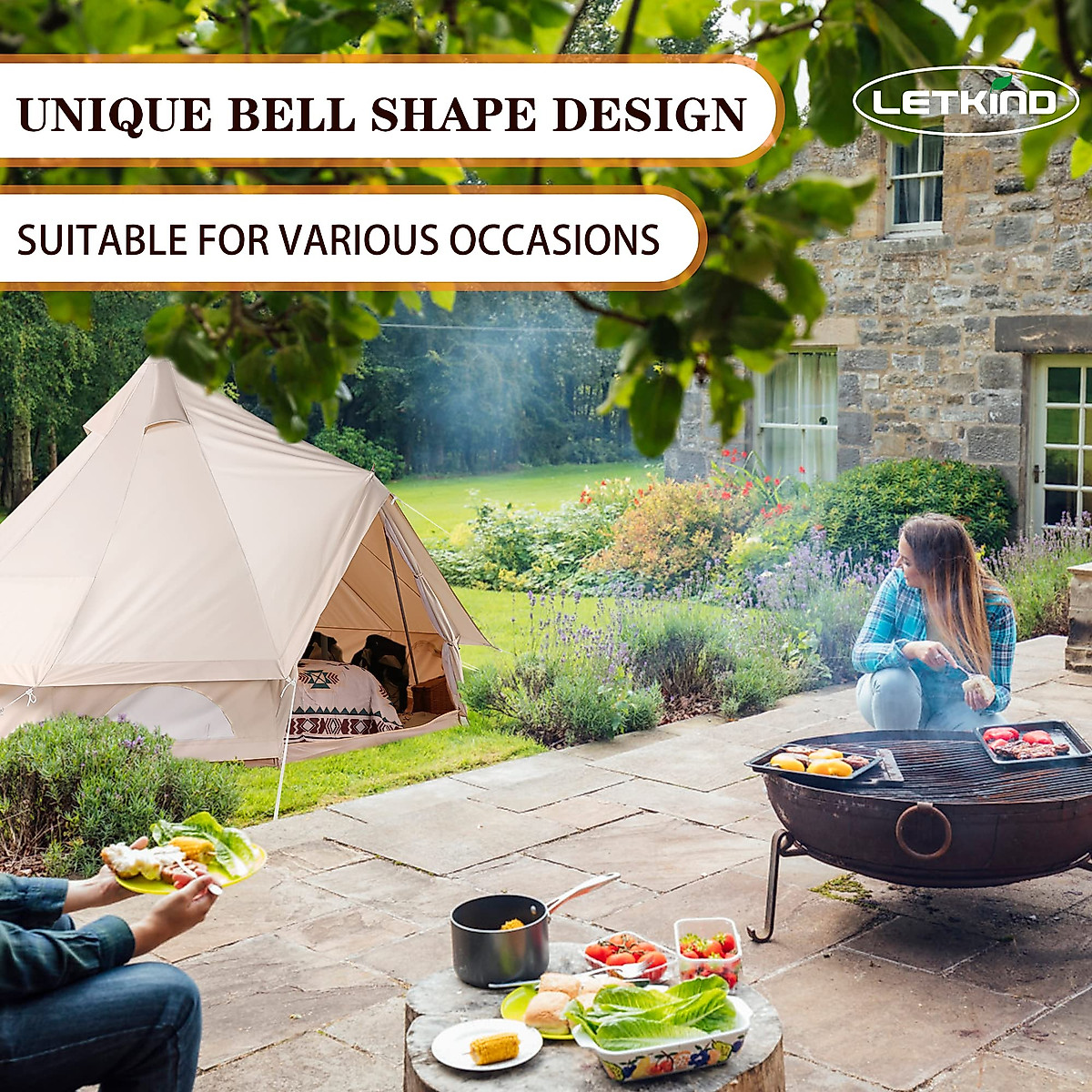 LETKIND Canvas Tent with Stove Jack, 4 Season Waterproof Camping Tent 4/6 Person Luxury Outdoor Glamping Yurt for Camping, Cotton Bell Tent for Winter Camping for Hunting Party