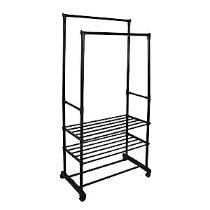 ZOES HOMEWARE Clothes Rack,Double Rod Clothing Rack on Wheels,Large Metal Heavy Duty Clothing Rack with 3 Shelves for Hanging Clothes,Black Rolling Clothes Rack, 65"x 31" x16"