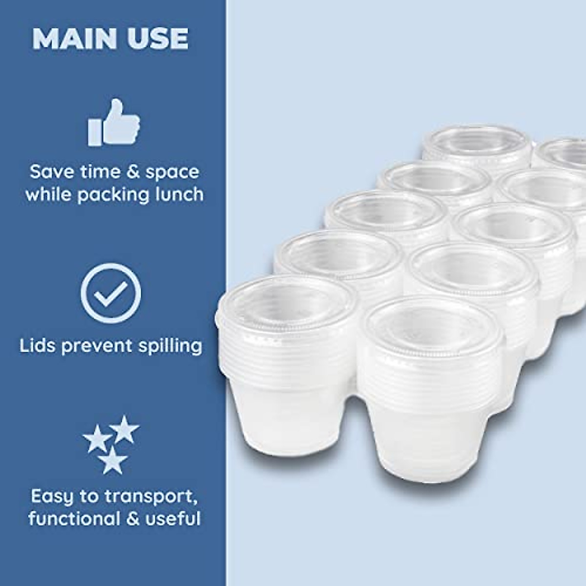Condiment Cups with Lids, 100 Sets per Pack: Small Plastic Containers for Salad Dressings, Sauce and Jello Shots at Home, Work and Restaurants