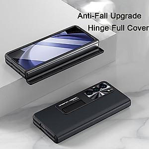 ioiFour Case for Samsung Galaxy Z Fold 5 with Kickstand and Hinge Protection, Built-in Front Screen Protector, Artificial Leather Elegant Business Scratch-Resistant Hard Case (Black PU)