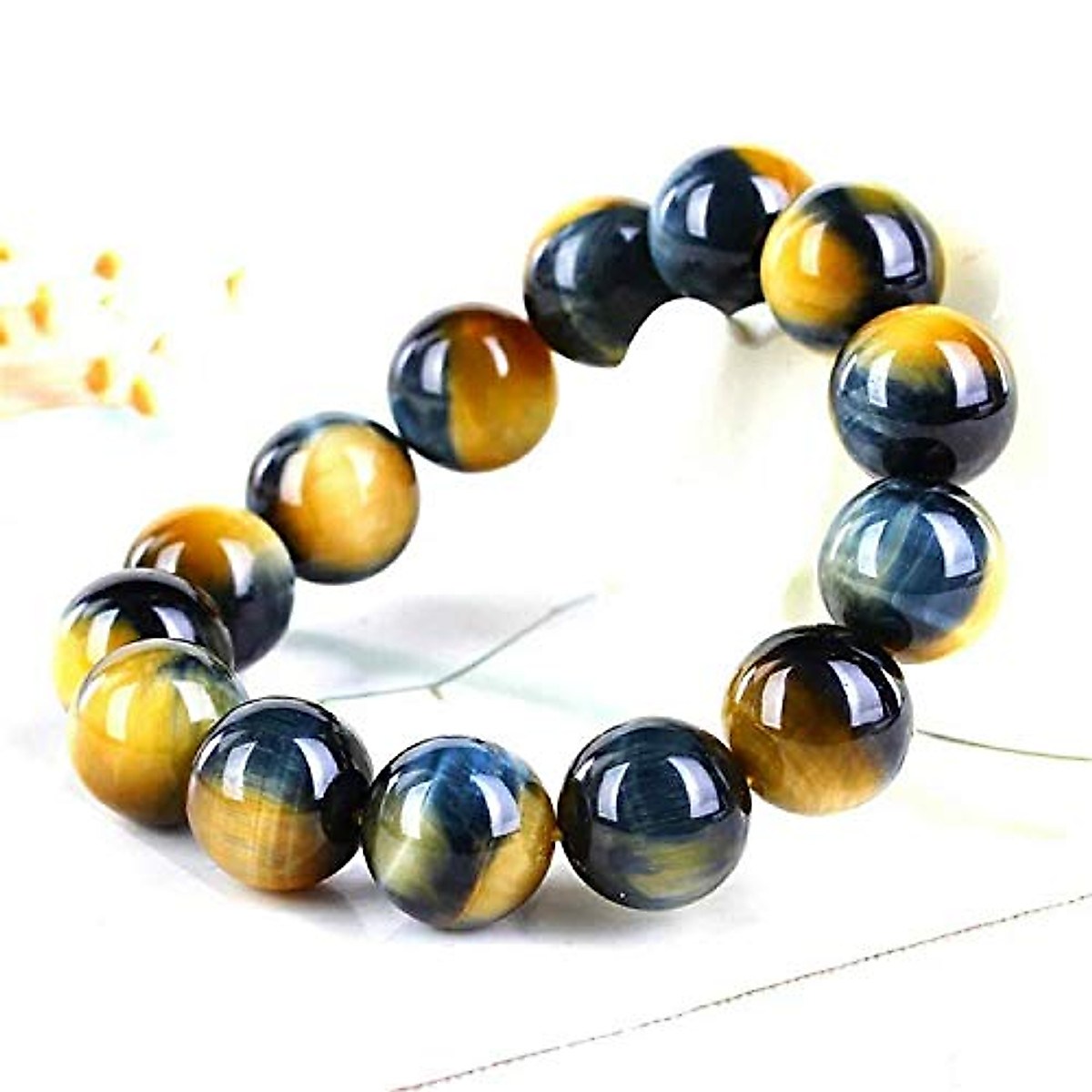 14mm Natural Gold Yellow Blue Tiger Eye Gemstone Crystal Round Bead Bracelet AAAA