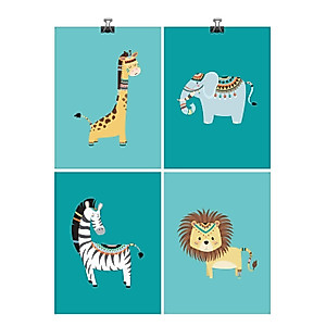 Tribal Safari Nursery Prints - Boho Nursery Art Print Set of 4 - Lion, Elephant, Zebra & Giraffe - Multiple Sizes