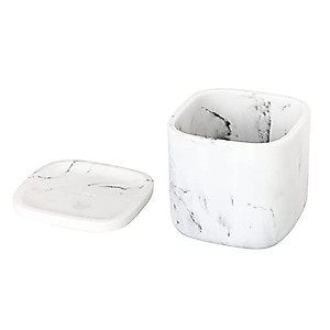 Vigar Zense Collection White Marble Square Toiletries Container Box with Lid, Holder for Cotton Balls and Hair Accessories, for Modern Luxury Bathroom and Bedroom, Fine Polyresin Stone