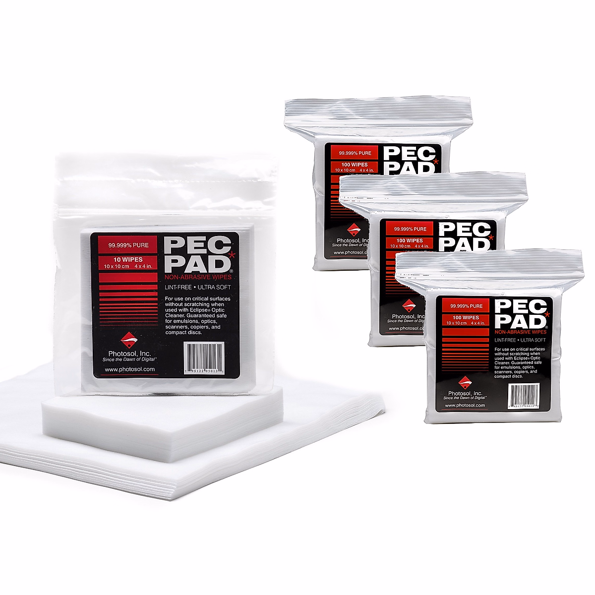 PEC-PAD Lint Free Wipes 4”x4” Non-Abrasive Ultra Soft Cloth for Cleaning Sensitive Surfaces like Camera, Lens, Filters, Film, Scanners, Telescopes, Microscopes, Binoculars. (100 Sheets Per/Pkg) 4-Pack