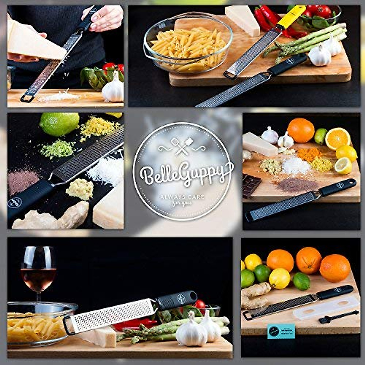 BelleGuppy Lemon Zester & Cheese Grater, Professional Zesting tool for Parmesan, Citrus, Ginger, Nutmeg, Garlic, Chocolate, Fruits, Razor-Sharp Stainless Steel Blade Protective cover, Dishwasher Save