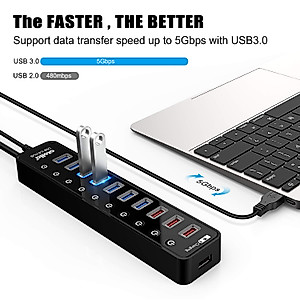 Powered USB 3.0 Hub, Atolla USB 3.0 Data Hub 11 Ports - 7 USB 3.0 Data Ports + 4 Smart Charging Port with Individual On/Off Switches and 12V/4A Power Adapter USB Hub 3.0 Splitter