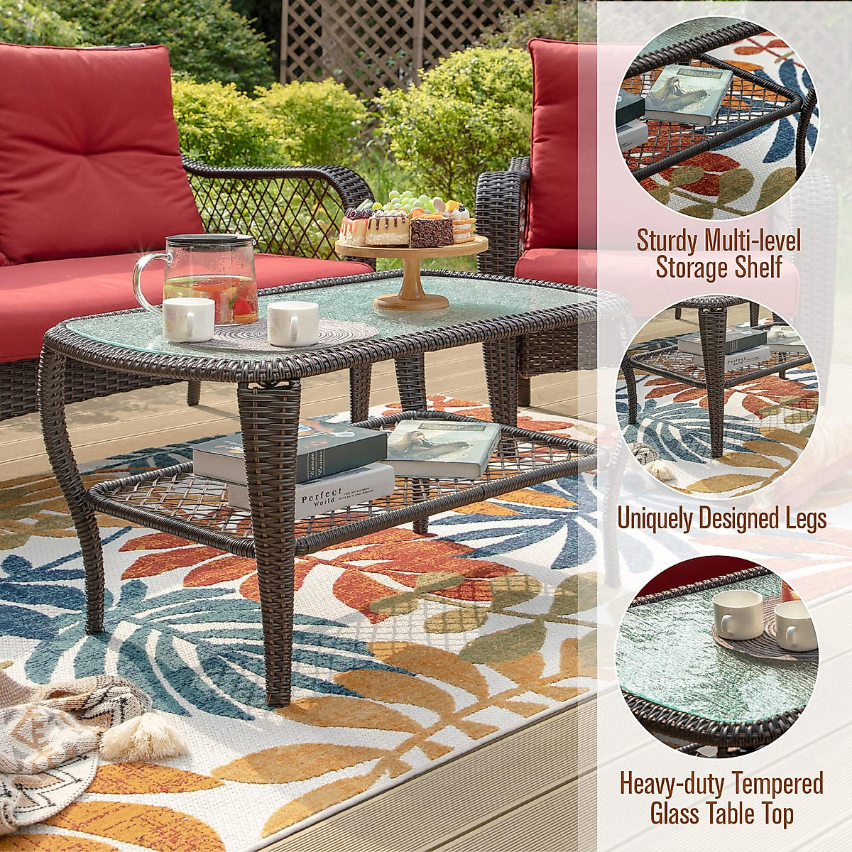 PHI VILLA 4 Piece Outdoor Wicker Patio Furniture Sets Clearance, Patio Wicker Conversation Sets All Weather Rattan Wicker Sofa with Cushions for Garden Lawn Deck, Brown & Red