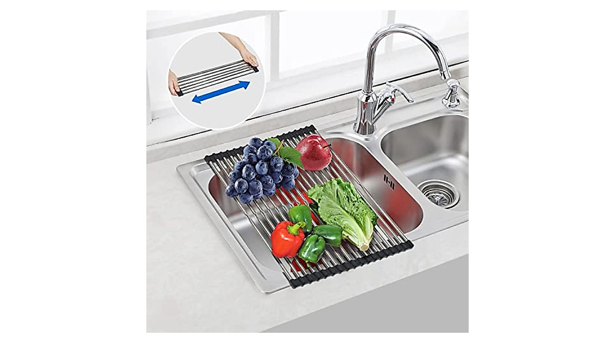 ARAINY Large Telescopic Dish Drying Rack – Expandable Steel Sink Organizer