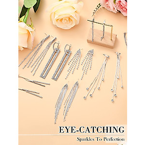8 Pairs Silver Chandelier Tassel Drop Earrings Chandelier Linear Drop Earrings Long Chain Earrings Tassel Dangle Earrings for Women Jewelry Silver Rhinestone Earrings