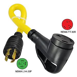 Conntek 15828 1.5-Feet, 20-Amp RV Generator Adapter for Model 4-Prong Locking Plug to RV 30-Amp Ergo Grip Connector with Power Indicator , Yellow